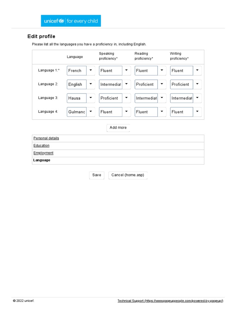 Edit profile - Language - unicef | PDF