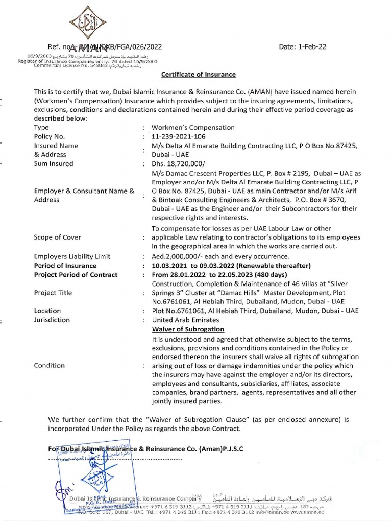 DB52 - WC Policy Certificate | PDF