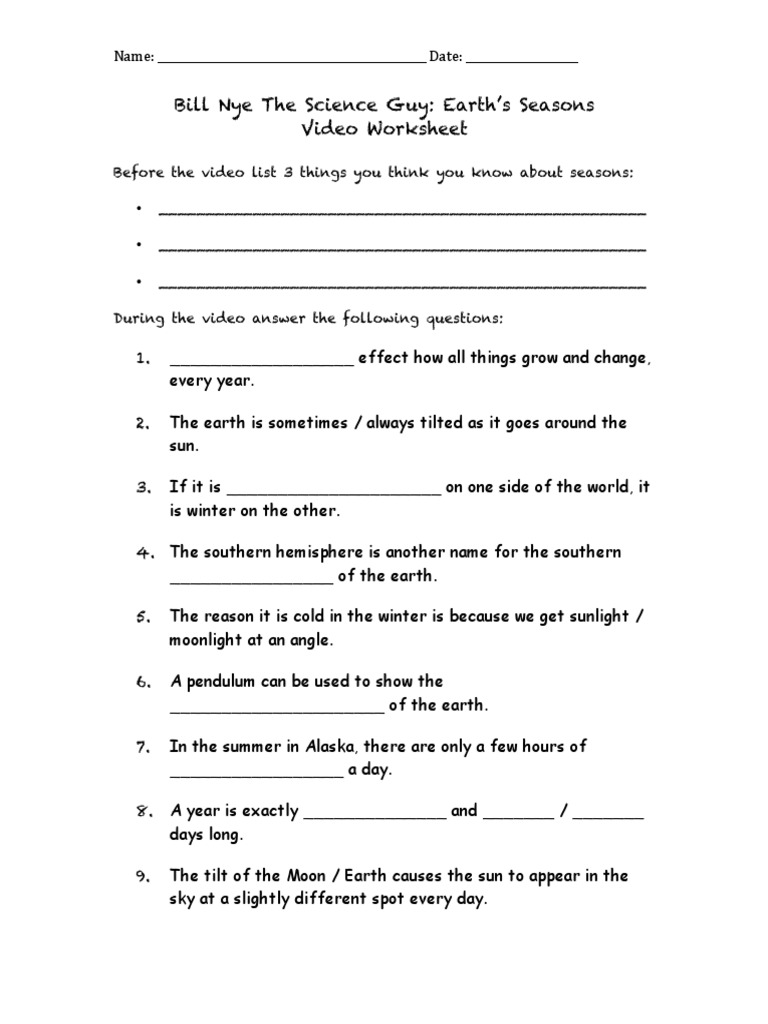 Bill Nye's Earth Seasons Worksheet | PDF