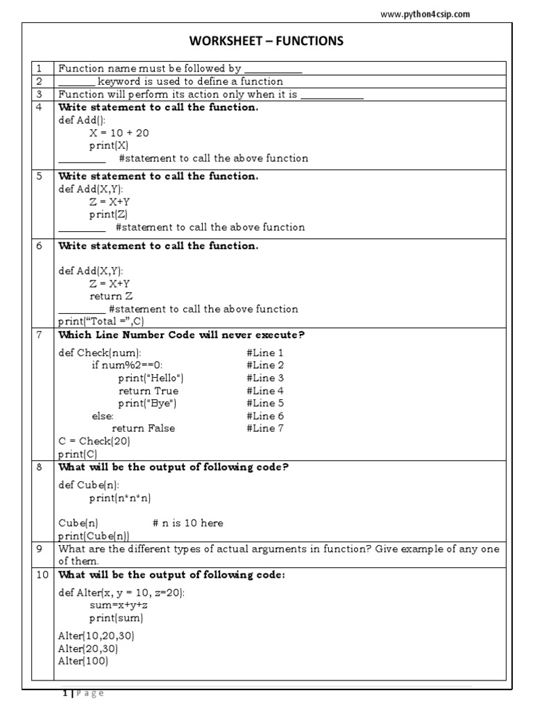 12 CS Worksheet - Function | PDF | Parameter (Computer Programming ... 12 CS Worksheet - Function | PDF | Parameter (Computer Programming ...