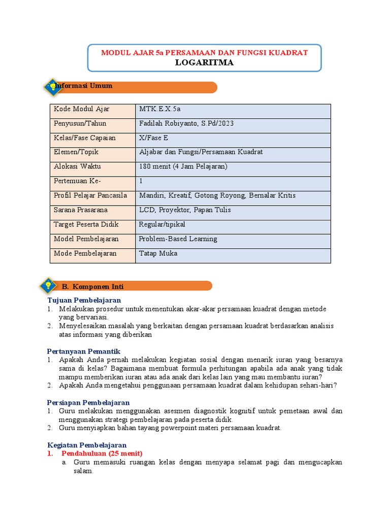 Modul Ajar 5 Persamaan Dan Fungsi Kuadrat | PDF