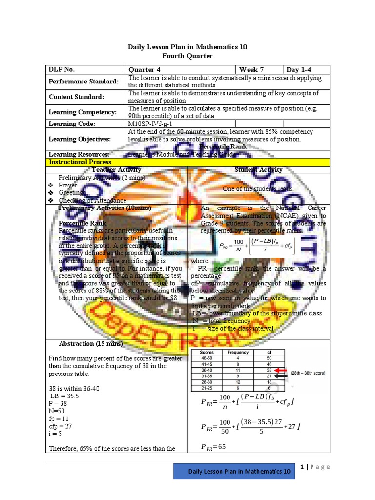 Mathematics 10 Daily Lesson Plan: Percentiles | PDF | Percentile | Learning
