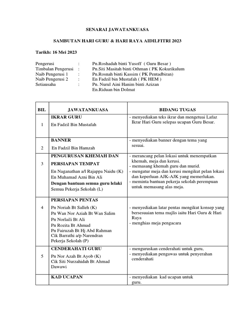 Senarai AJK Majlis Sambutan Hari Guru Dan Hari Raya 2023 | PDF
