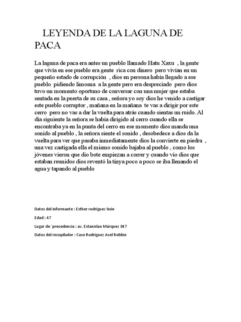 LEYENDA DE LA LAGUNA DE PACA | PDF