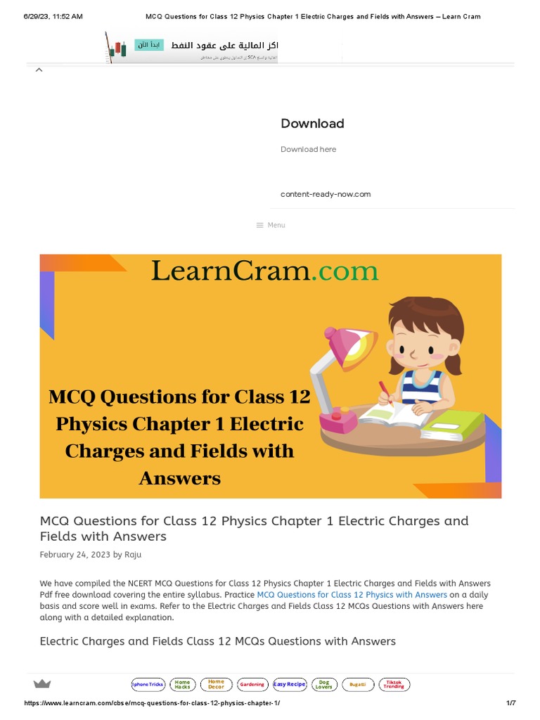 MCQ Questions for Class 12 Physics Chapter 1 Electric Charges and Fields with Answers – Learn ...