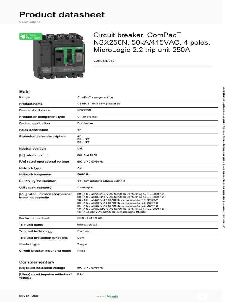 ComPacT NSX250N Circuit Breaker Specs | PDF | Alternating Current ...