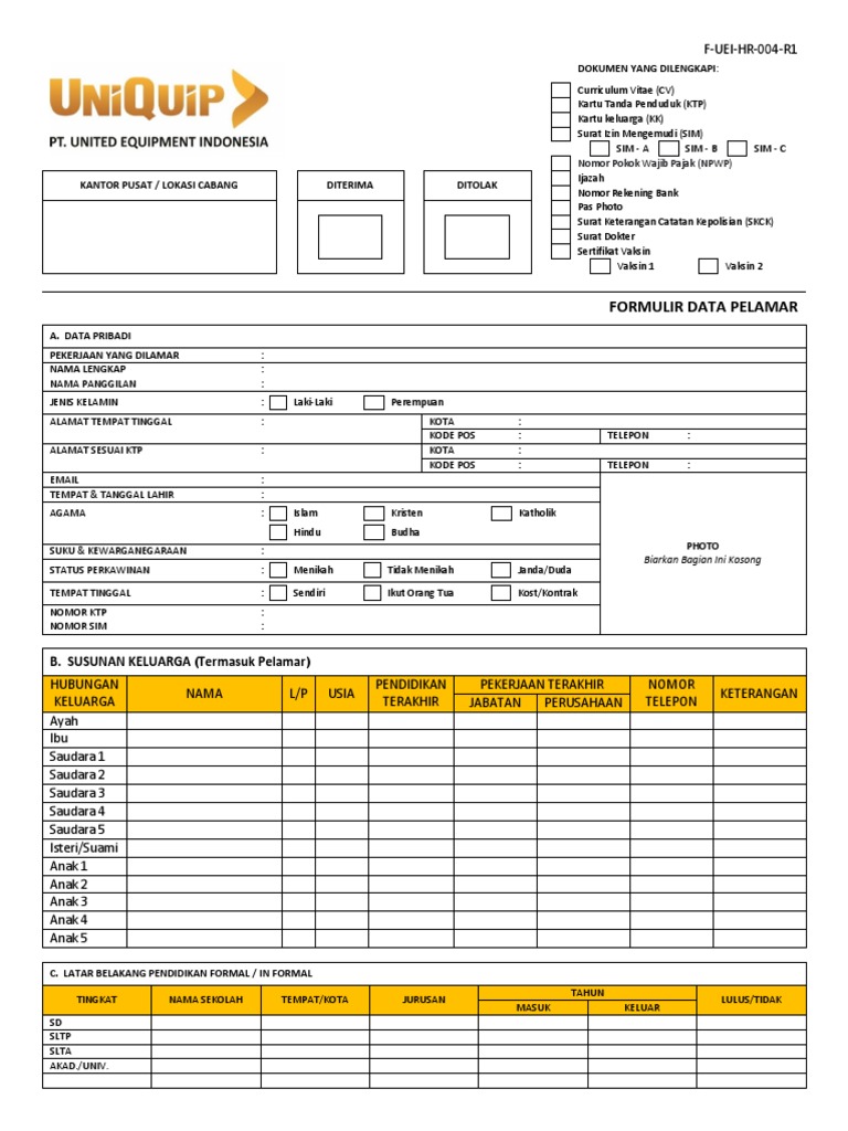 Formulir Data Pelamar Kerja Lengkap | PDF