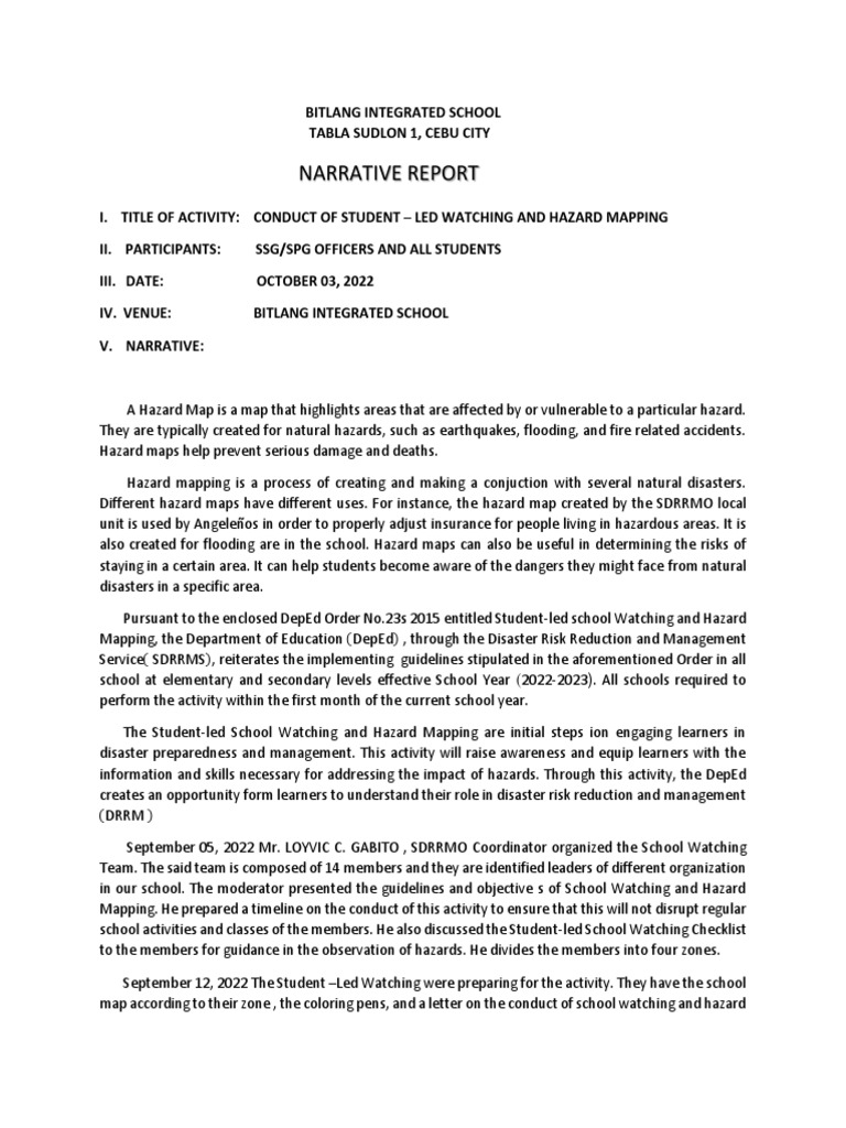Narrative-Report-on-Student-Led-Hazard-Mapping | PDF | Hazards ...