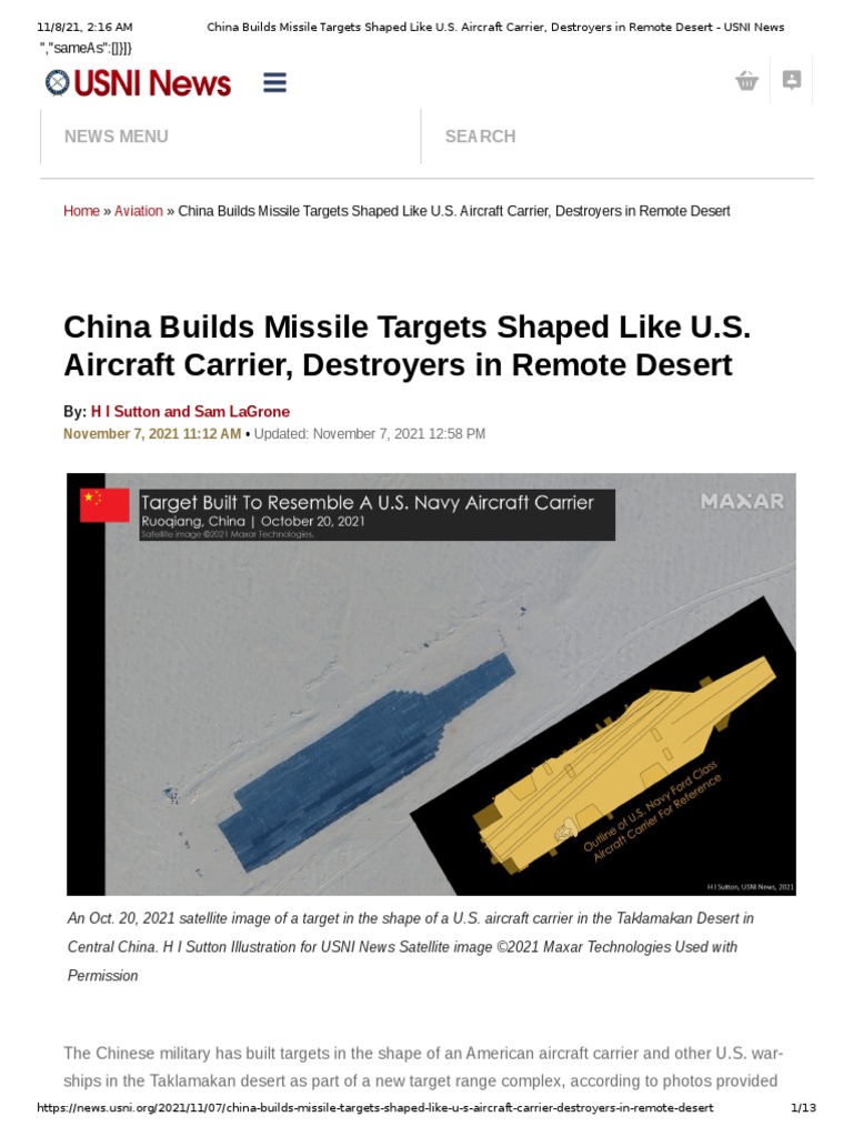 China Builds Missile Targets Shaped Like U.S. Aircraft Carrier ...