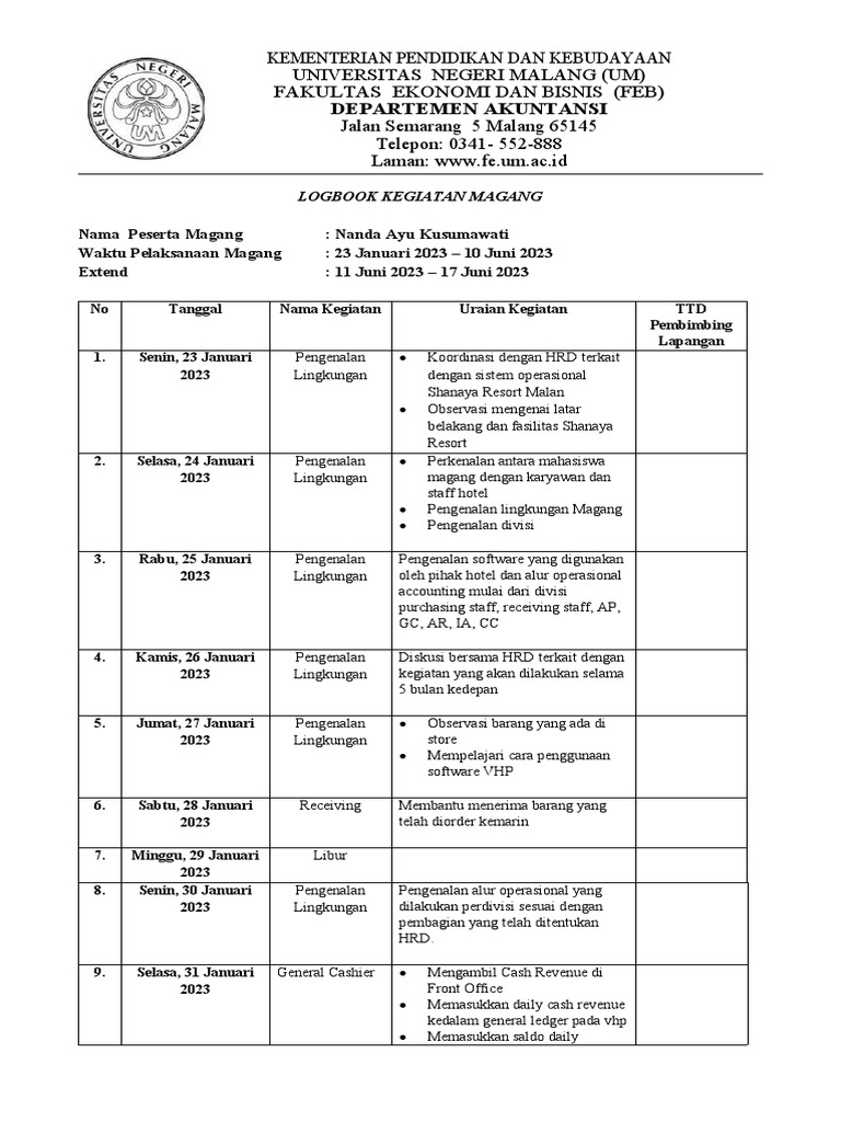 Log Book Laporan Magang Nanda Ayu Kusumawati | PDF