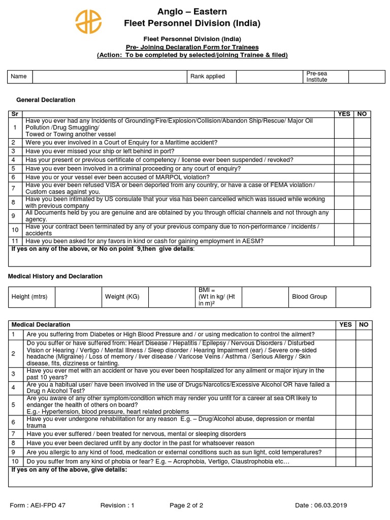 AEI-FPD 47 - Pre-Joining Declaration For Trainees | PDF | Vertigo | Hypertension