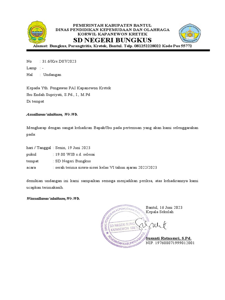 Undangan Serah Terima Kelas Enam Bapak Ibu Endah Supriyati | PDF