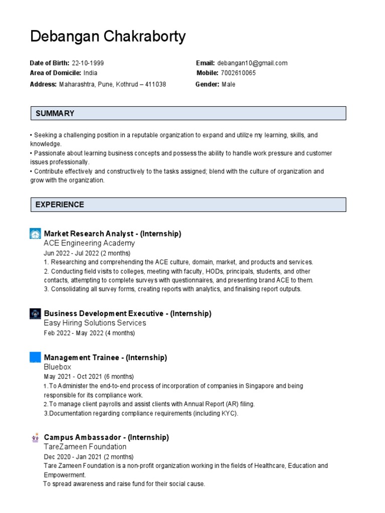 Resume Debangan Chakraborty | PDF | Business