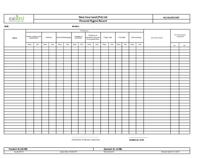 009 Personal Hygine Record | PDF | Sanitation | Patient Safety