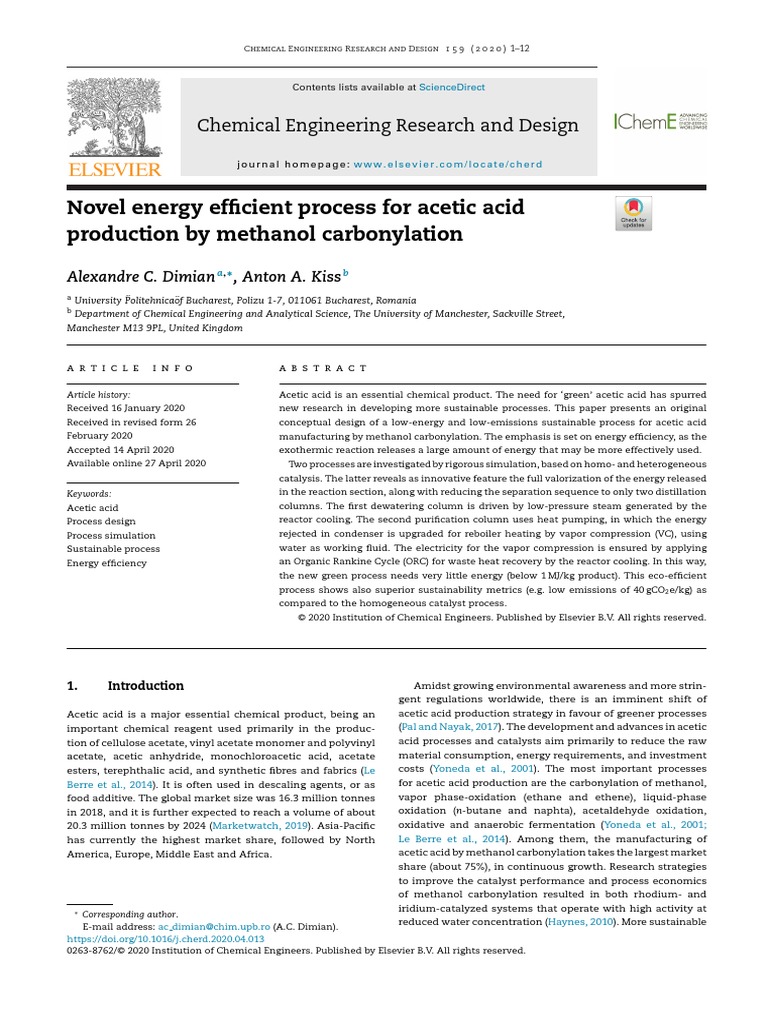 Sustainable Acetic Acid Production Process | PDF | Catalysis | Acetic Acid
