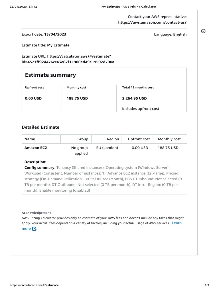 My Estimate - AWS Pricing EC2 WINDOWS 16GB PDF | PDF