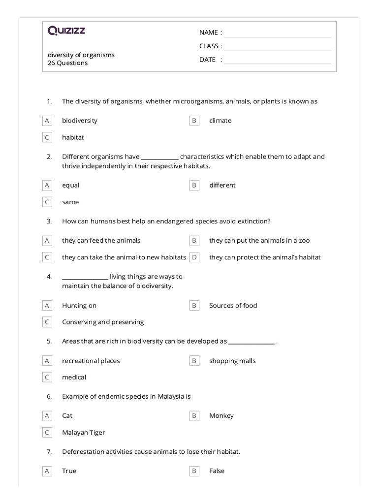 Biodiversity Quiz and Worksheet Answers | PDF | Biodiversity | Habitat