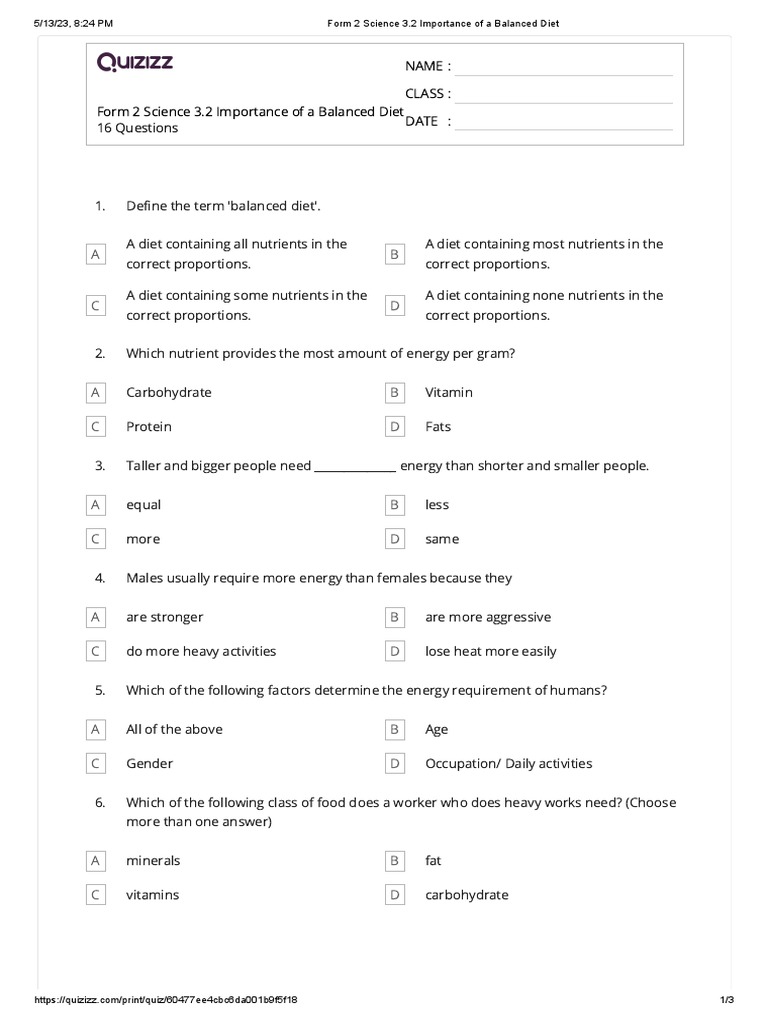 Form 2 Science: Balanced Diet Quiz | PDF | Food Energy | Foods