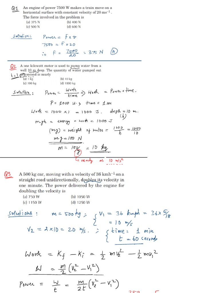 Physics Work Energy Questions With Handwritten Solutions | PDF