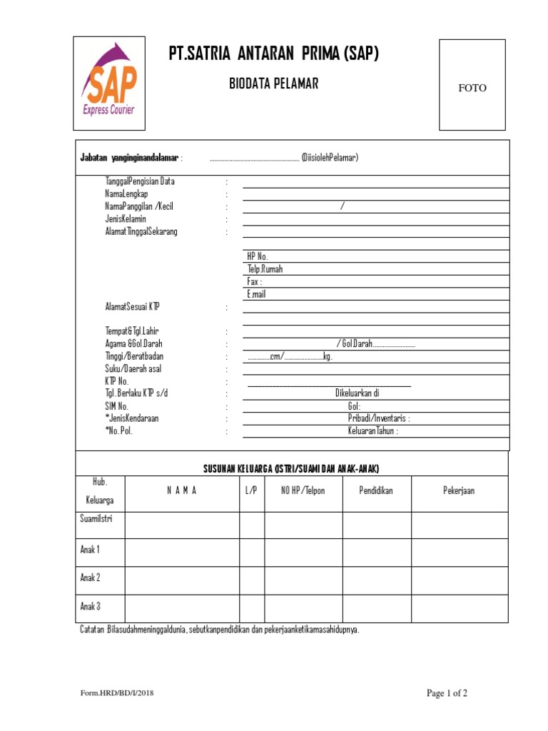 Form Biodata Pelamar | PDF