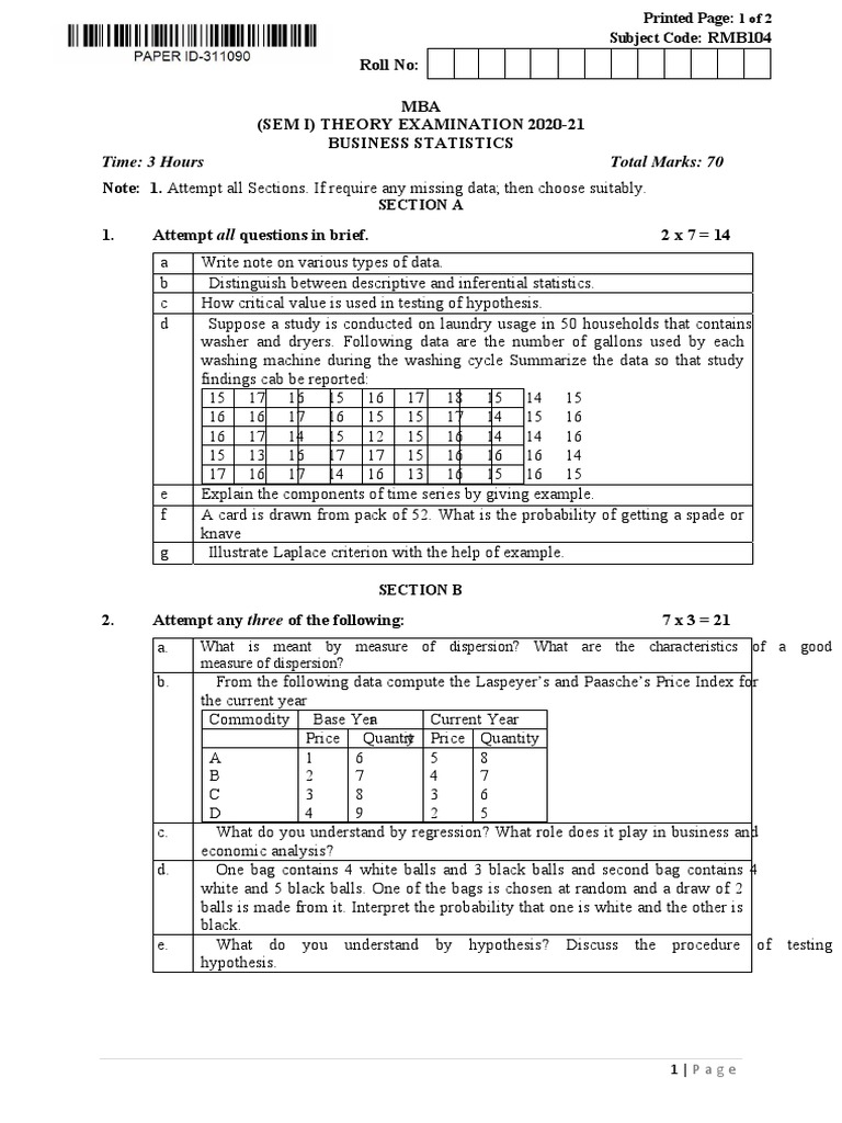 MBA Business Statistics Exam Paper | PDF | Statistics | Statistical Theory