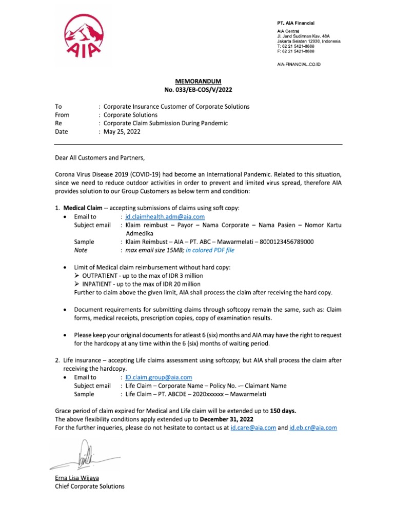 Memo Corporate Claim Submission During Pandemic - Extension 31 Dec 2022 ...