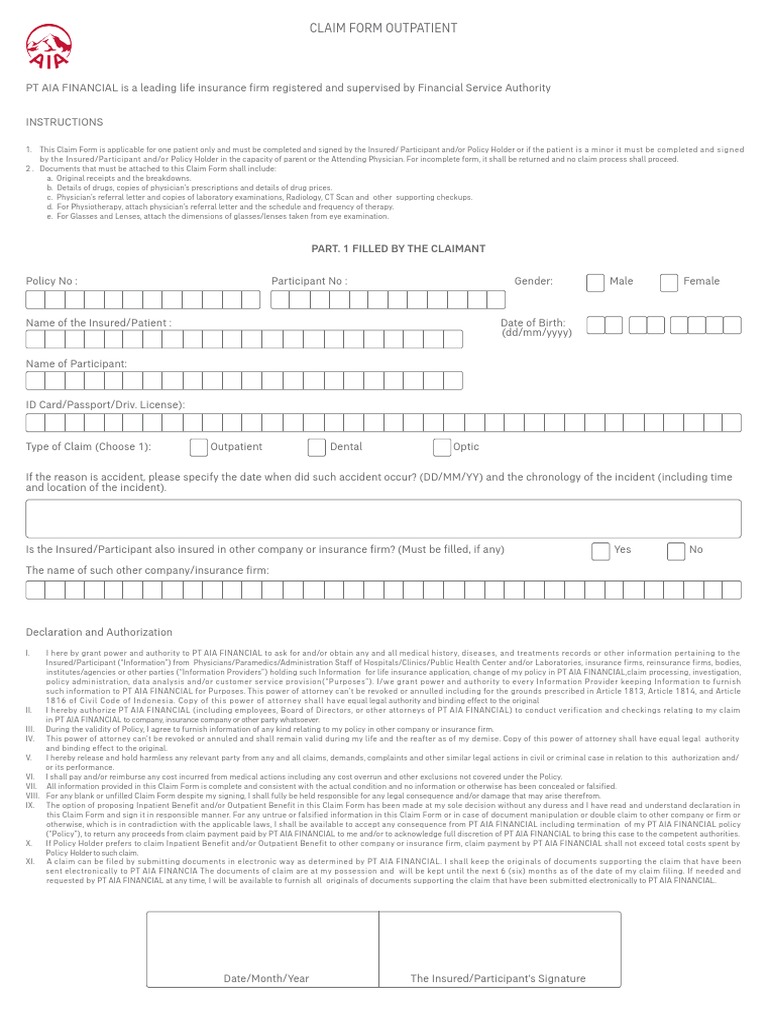 AIA Outpatient Claim Form Instructions | PDF | Therapy | Insurance