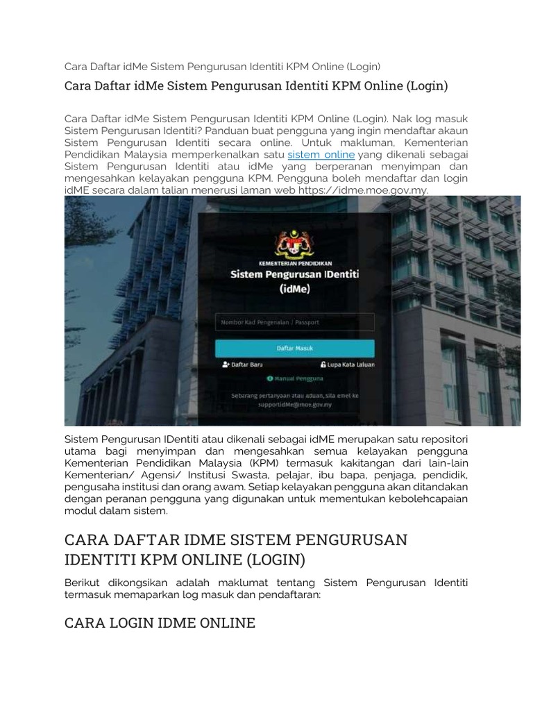 Cara Daftar Idme Sistem Pengurusan Identiti Kpm Online Pdf