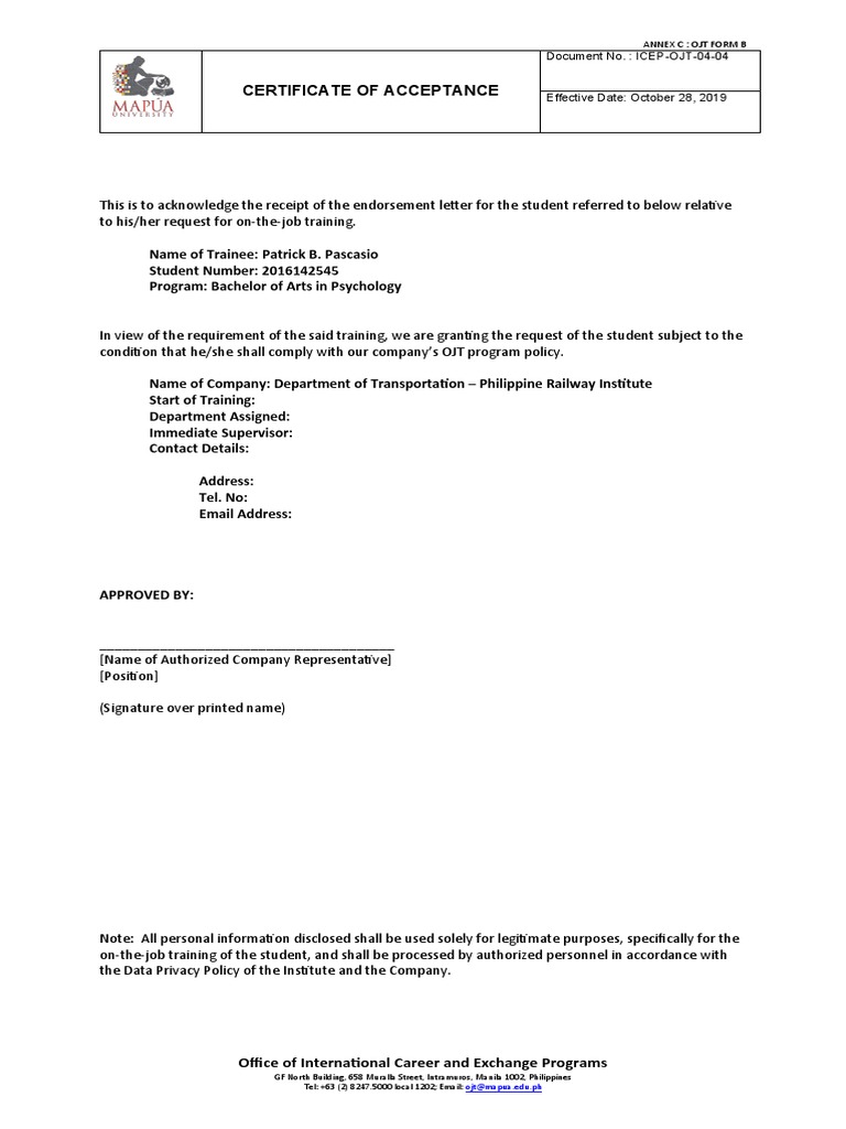Icep-Ojt-03-03 (Acceptance Template Certificate) | PDF | Career ...