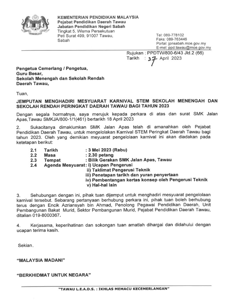 Jemputan Mesyuarat Karnival STEM Peringkat Daerah Tawau 2023 | PDF