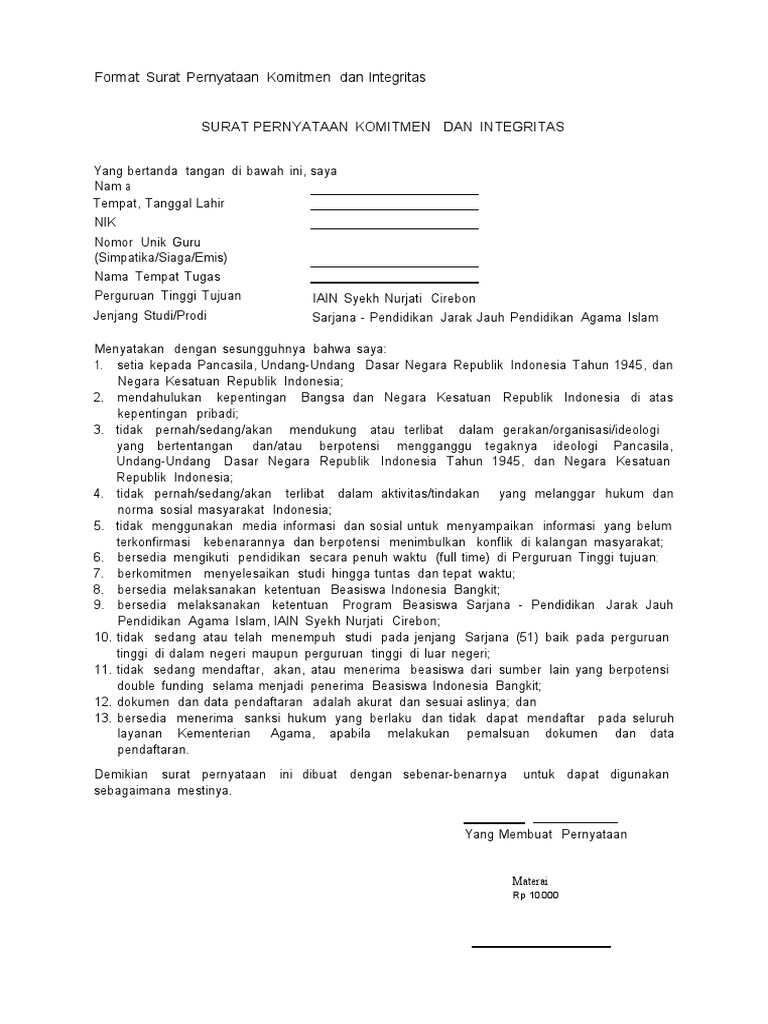 Surat Pernyataan Komitmen Dan Integritas | PDF