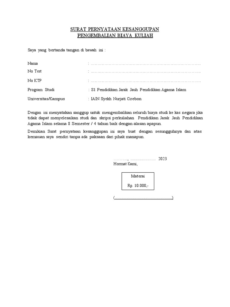 Surat Pernyataan Kesanggupan Pengembalian Biaya | PDF