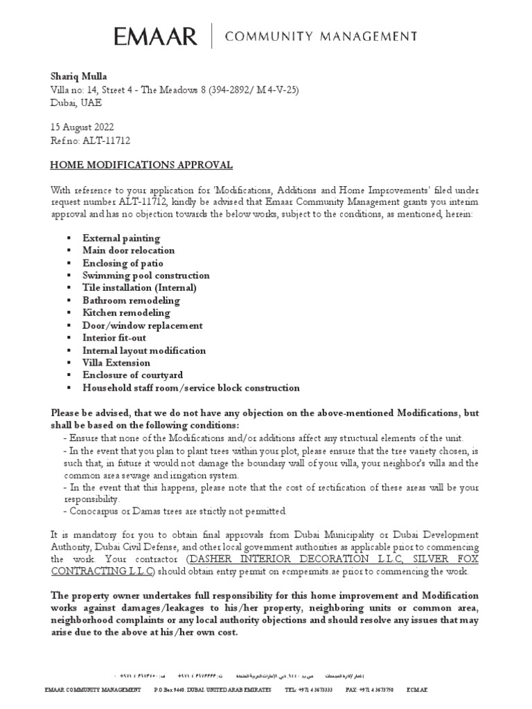 Emaar Home Modifications Approval Notice | PDF | Swimming Pool | Dubai