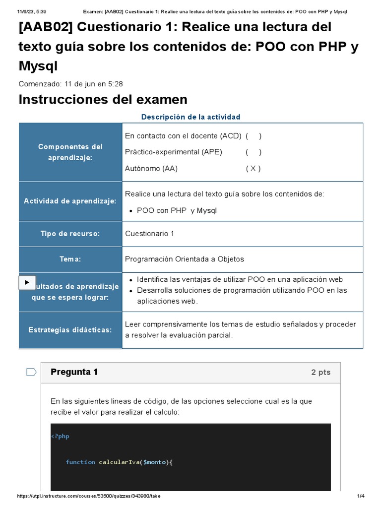 Examen_ [AAB02] Cuestionario 1_ Realice Una Lectura Del Texto Guía Sobre Los Contenidos De_ POO ...