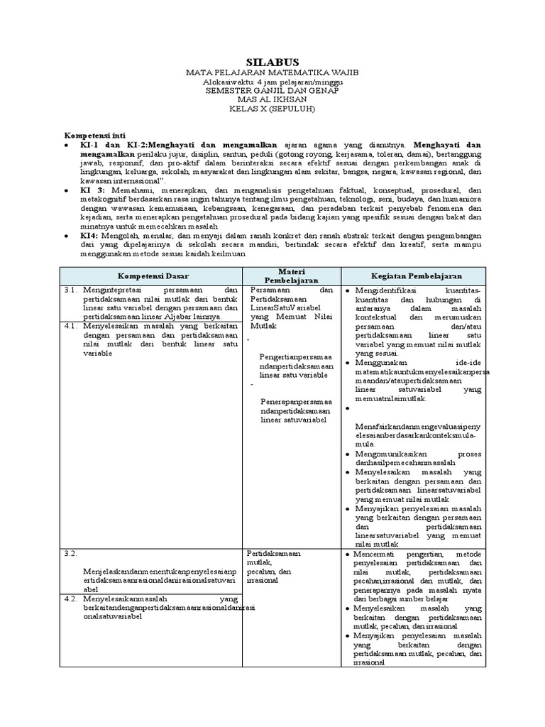 Silabus Kelas X Genap Ganjil PDF | PDF