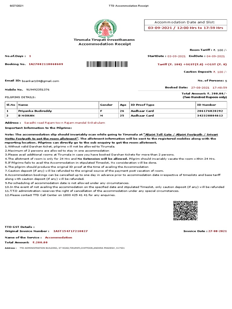 TTD Accommodation Receipt for Pilgrims | PDF | Government Finances | Taxes
