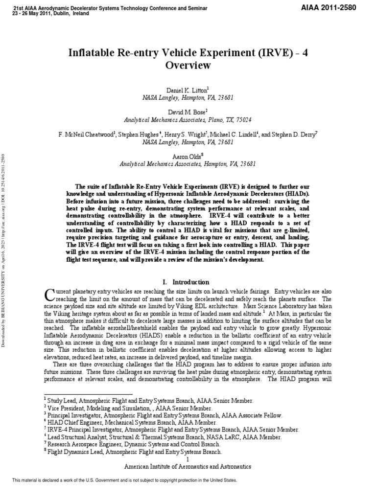 Inflatable Re-Entry Vehicle Experiment (IRVE)-4 Overview | PDF ...