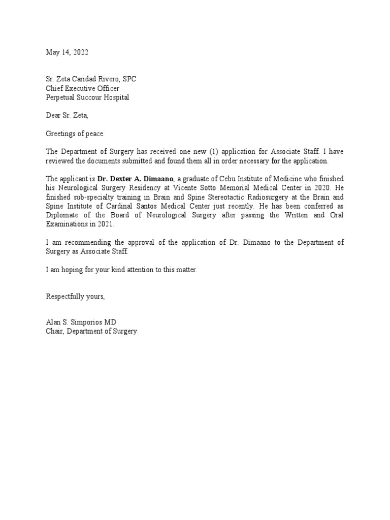 Endorsement Letter for Dr Dexter Dimaano | PDF