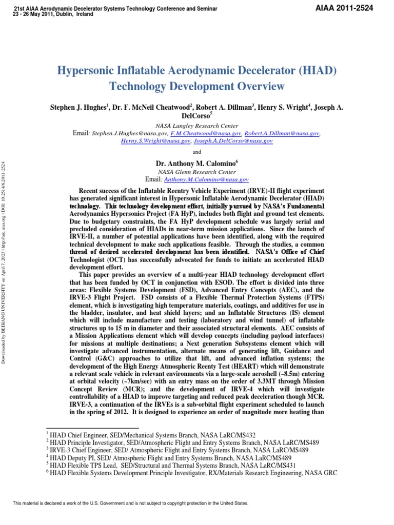 Hypersonic Inflatable Aerodynamic Decelerator (HIAD)Technology ...