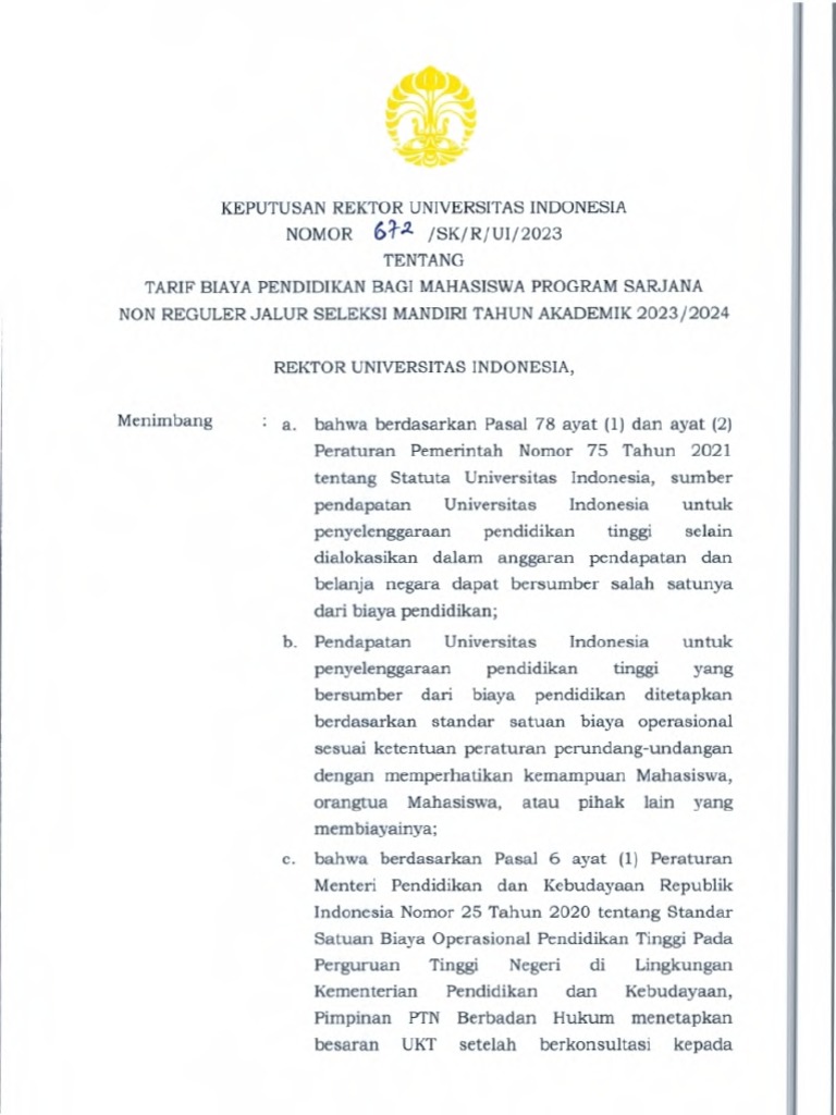 SK No 672 Tentang Tarif BP Program Sarjana S1 Non Reguler Jalur Seleksi Mandiri THN 2023 2024 ...