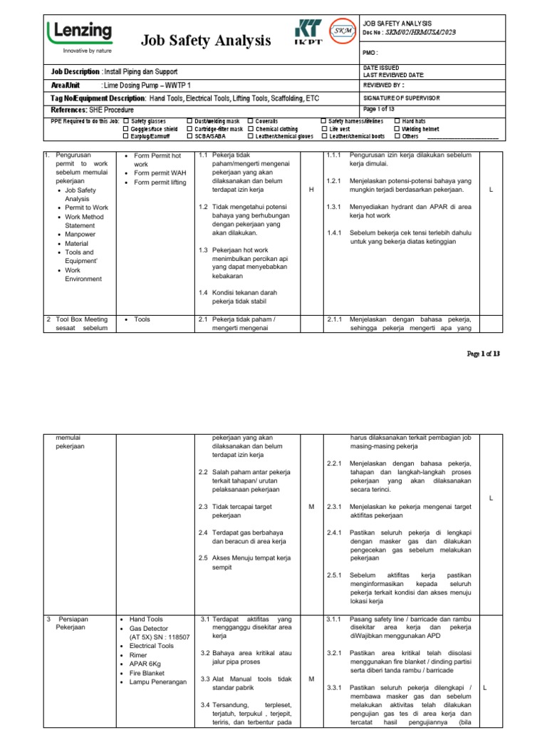 JSA Install Piping Lime Dosing Pump - WWTP 1 | PDF