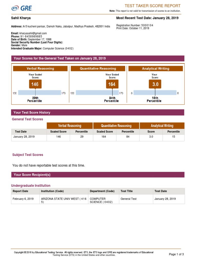 44-19-GRE Score - Sahil Kharya | PDF | Graduate Record Examinations