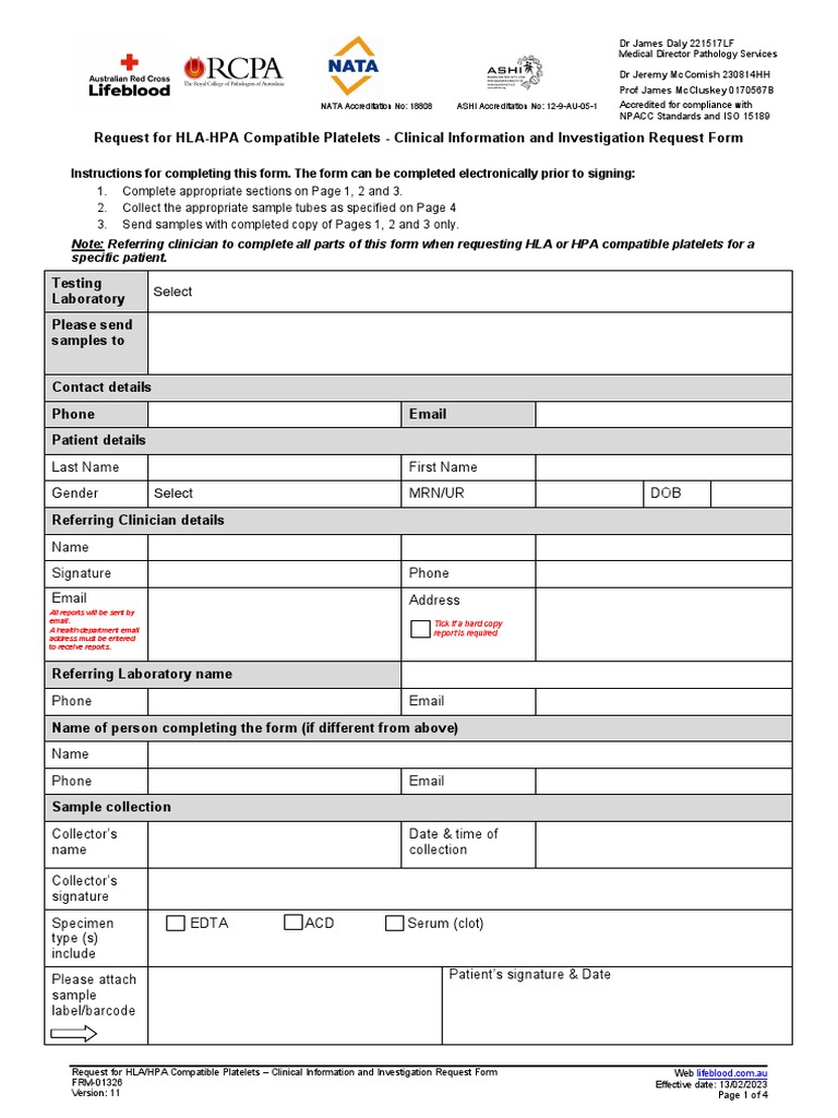 FRM 01326 Request For HLA HPA Compatible Platelets V11 | PDF | Blood ...