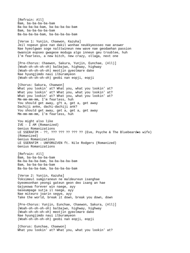 Fearless Lyrics by LE SSERAFIM | PDF | Vocal Music | Popular Music