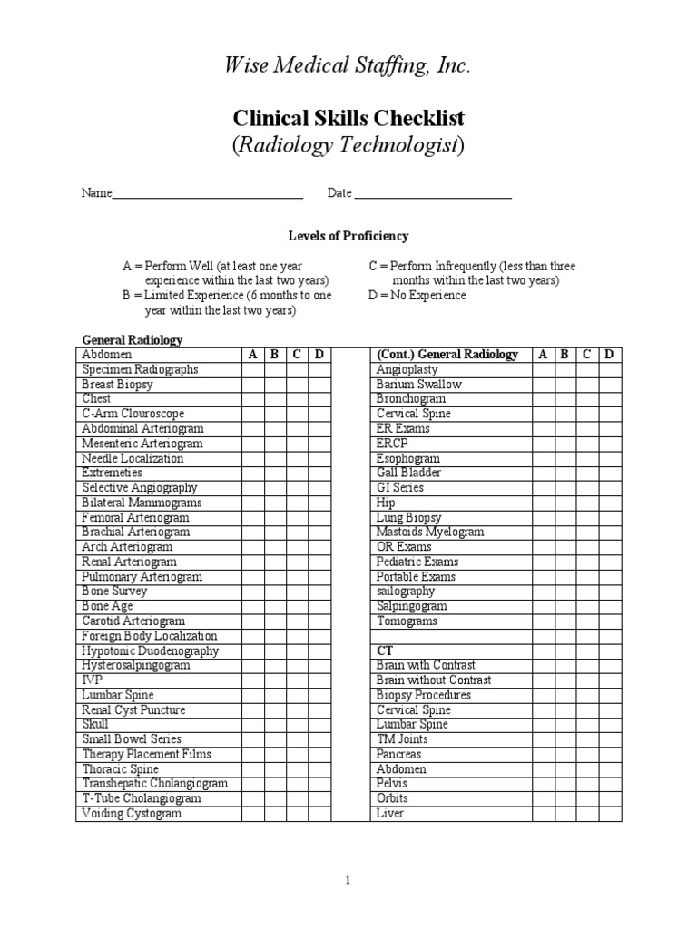 Radiology Technologist Skills Checklist | PDF | Radiology | Angiography