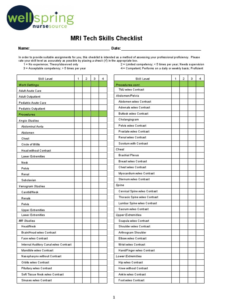 MRI Tech Skills Checklist | Download Free PDF | Thorax | Vertebral Column