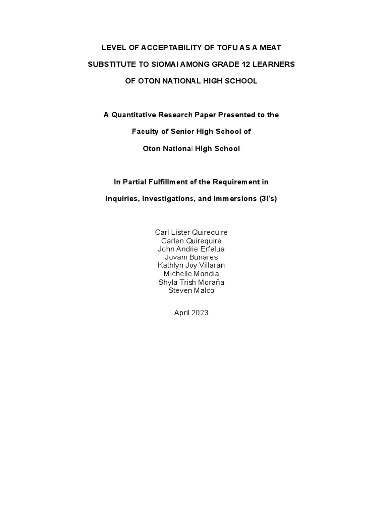 Level of Acceptability of Tofu As A Meat Title Page Final | PDF