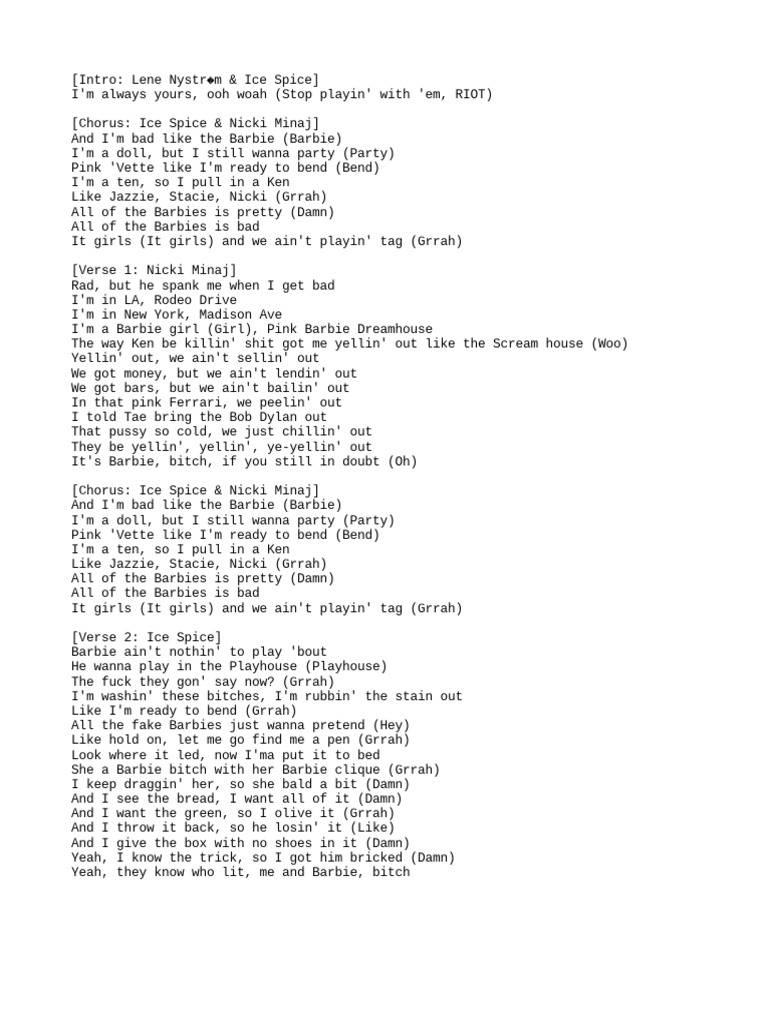 Barbie World: Nicki & Ice Spice Lyrics | PDF