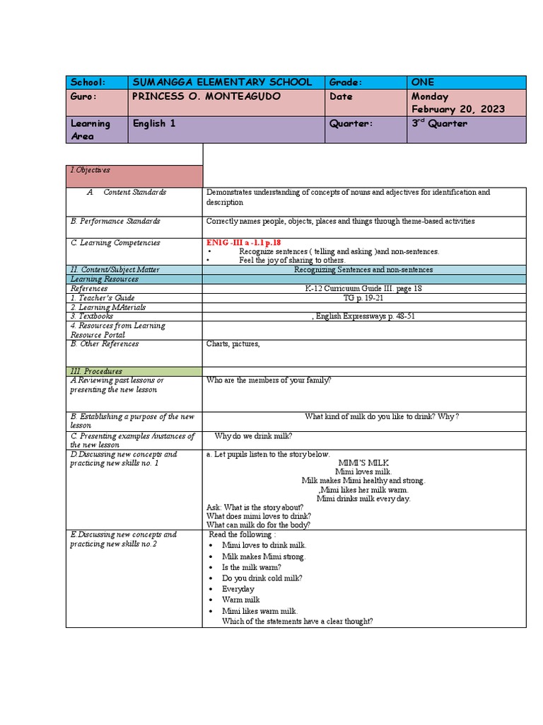 LESSON PLAN IN ENGLISH I WK2 Day1 3 | PDF | Learning | Curriculum