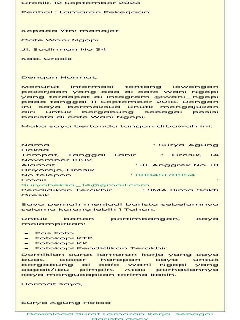 15+ Contoh Surat Lamaran Kerja Di Cafe Restoran Sebagai Waitress, Barista, Kasir Dan Karyawan | PDF
